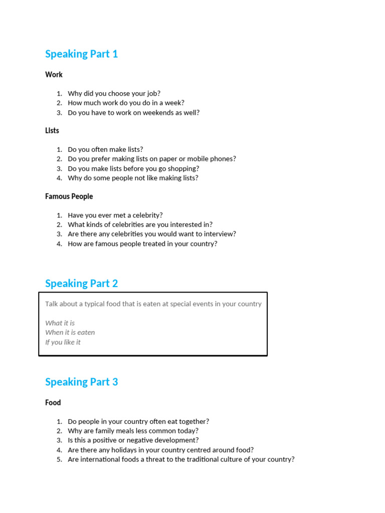 IELTS Speaking Topics: Work, Lists, Food | PDF