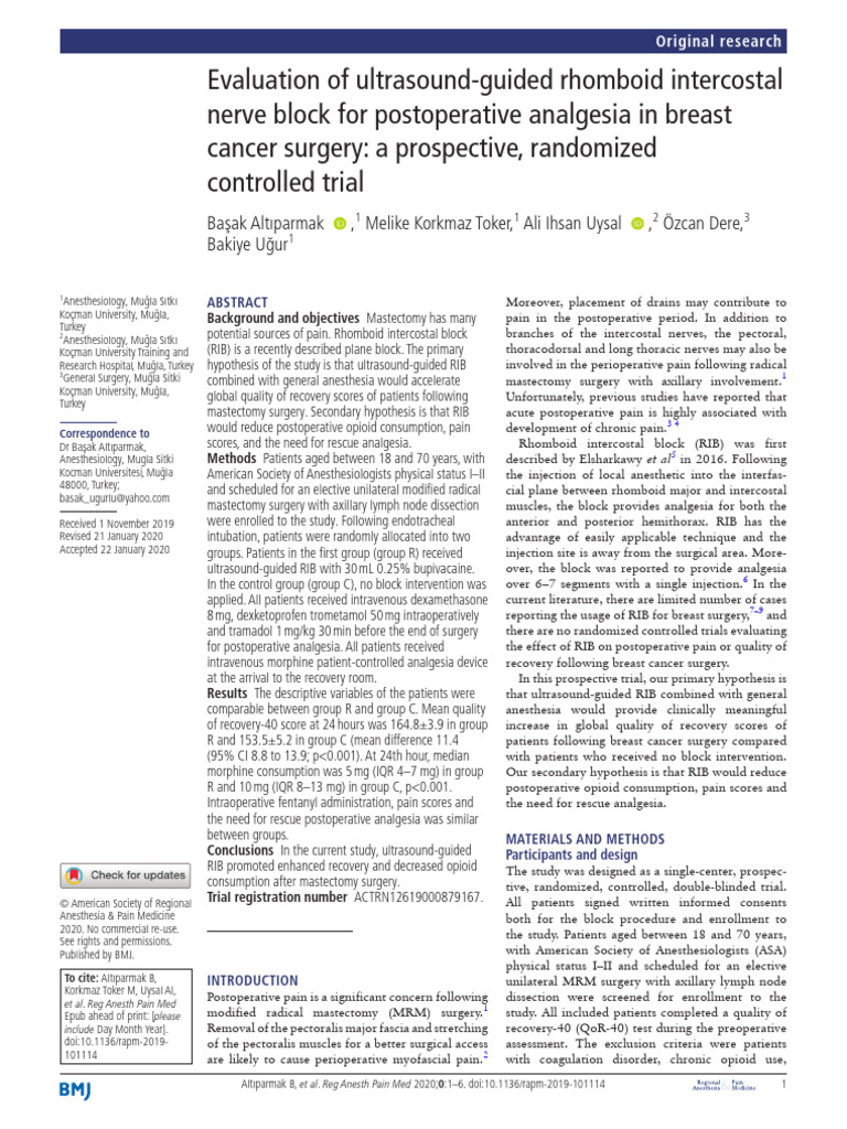 Evaluation of Ultrasound-Guided Rhomboid Intercostal Nerve Block For ...