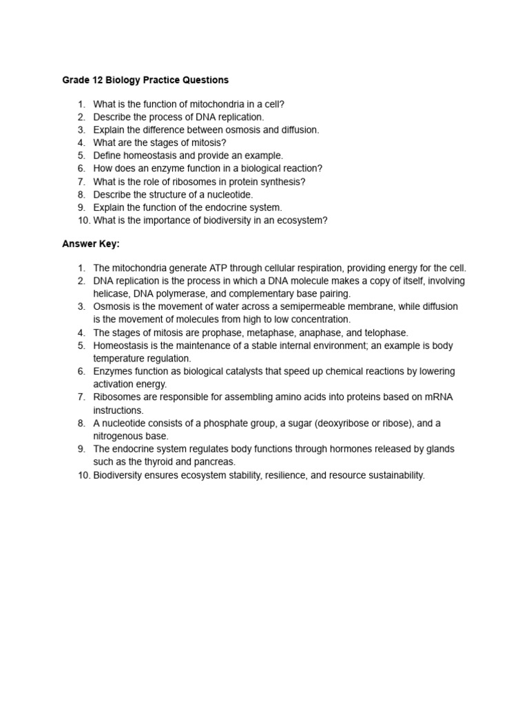 Grade 12 Biology Practice Exam Q&A | PDF