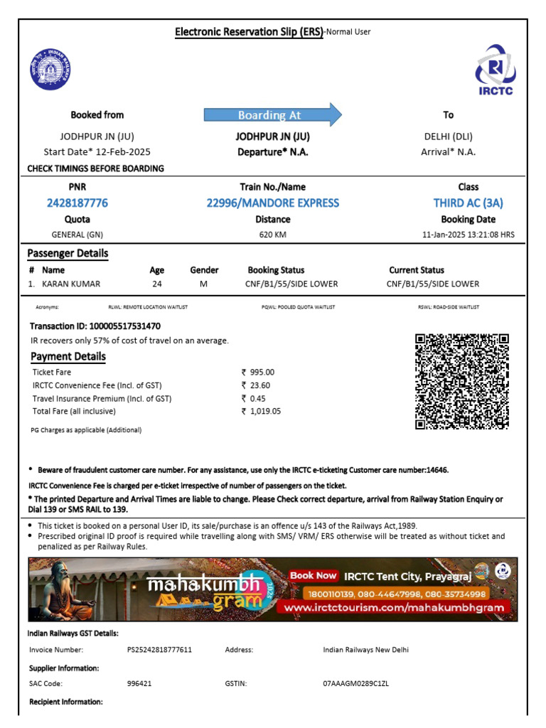 22996/mandore Express Third Ac (3A) | PDF | Identity Document | Payments