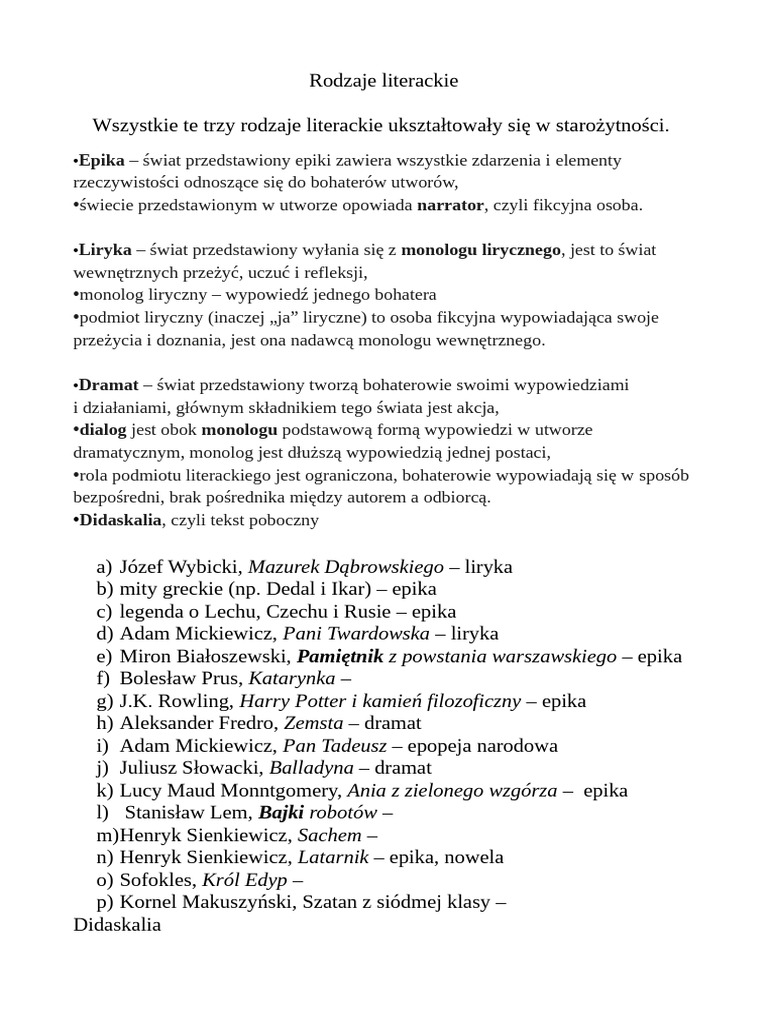 Gatunki I Rodzaje Literackie | PDF