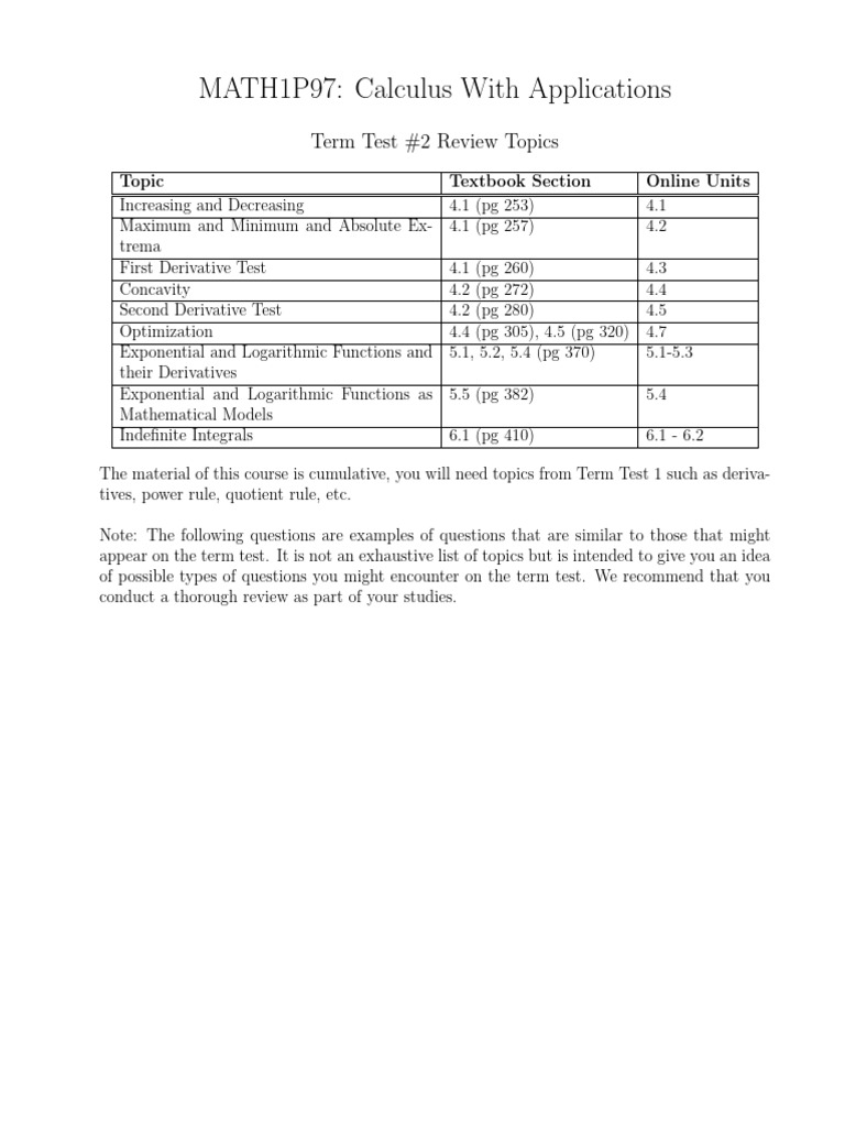 Calculus Test 2 Review Topics Guide | PDF | Mathematics | Calculus