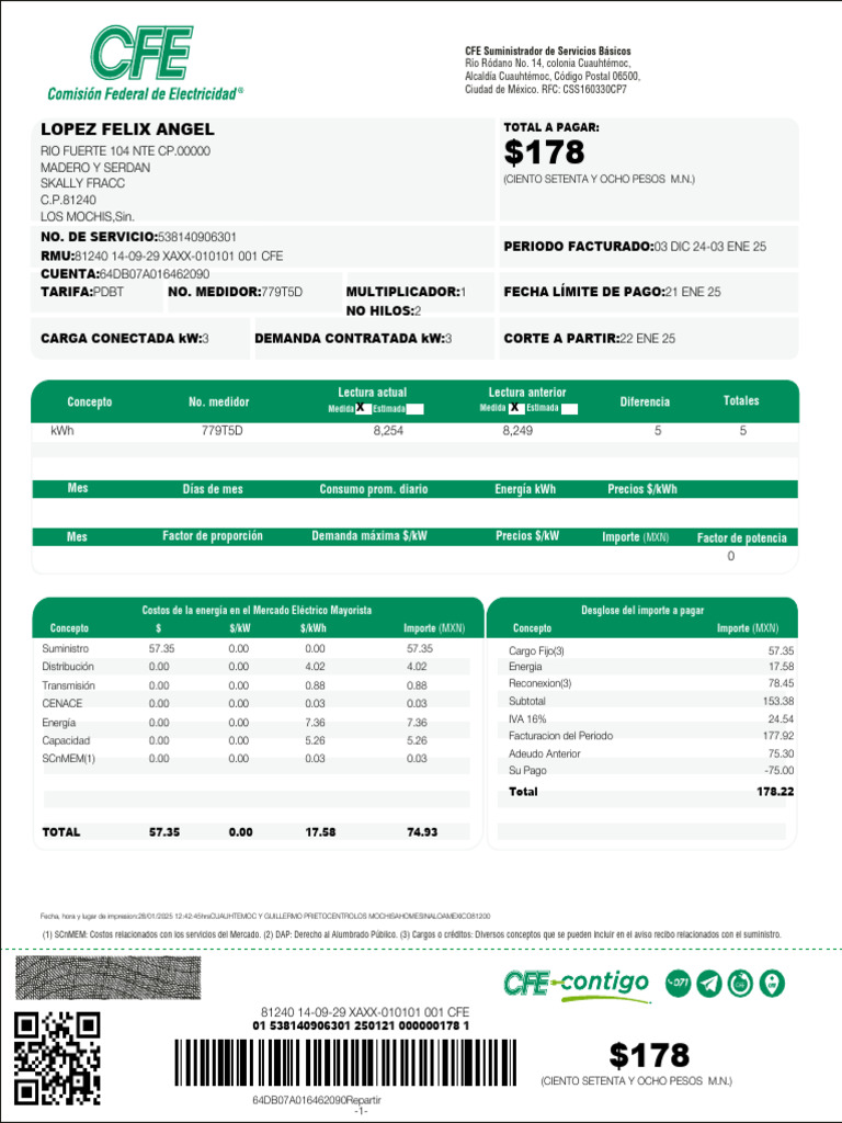 Recibo Cfe | PDF | Vatio | Cantidad