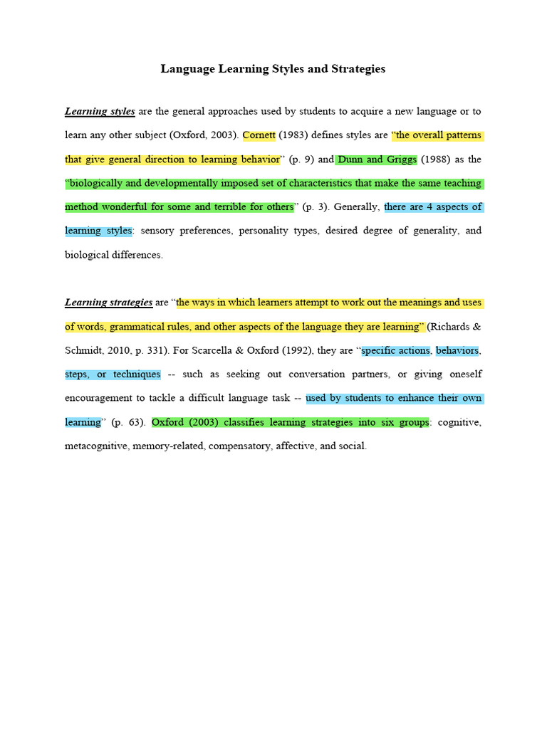 Language Learning Styles and Strategies-Styles | PDF
