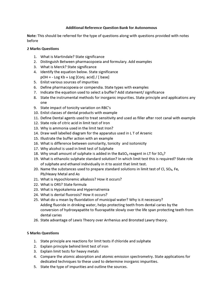Autonomous Reference Question Bank | PDF | Chloride | Buffer Solution