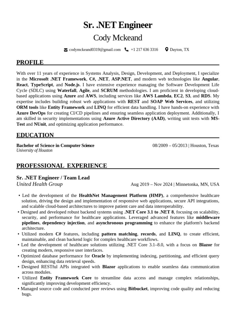 Cody_Mckeand_Resume -Blazor | PDF | Microsoft Azure | Databases