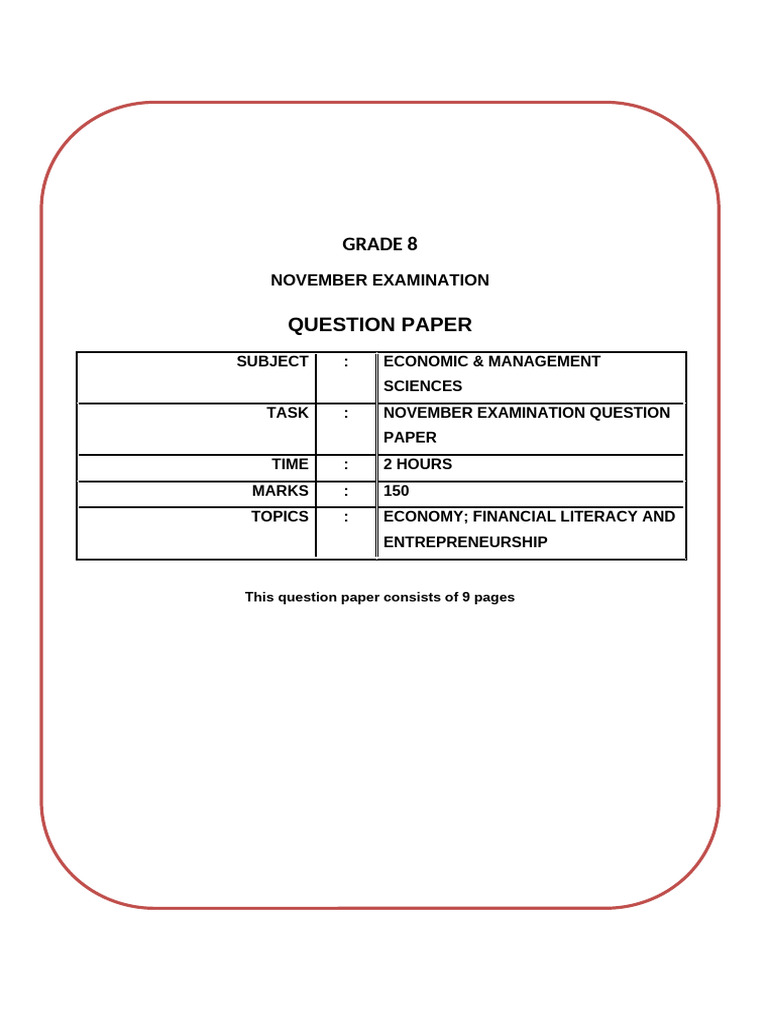 GRADE 8 TERM 4 EMS QUESTION PAPER | PDF | Debits And Credits | Banks