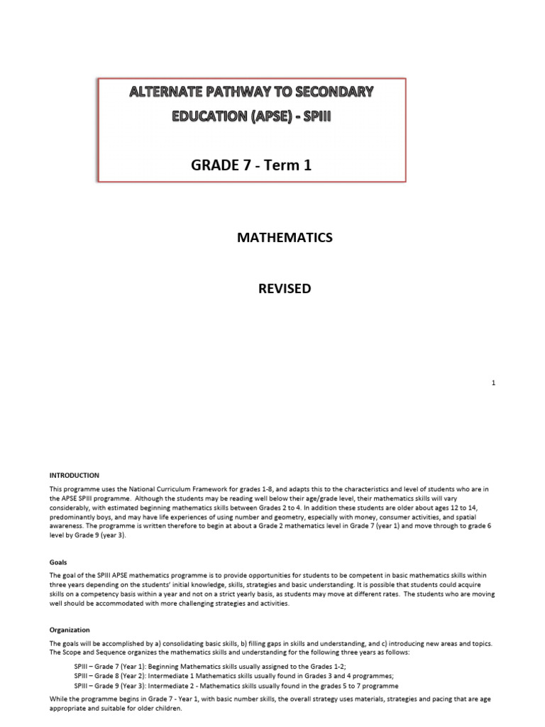 SPIII - Grade 7 Mathematics Term 1 | PDF | Subtraction | Numbers