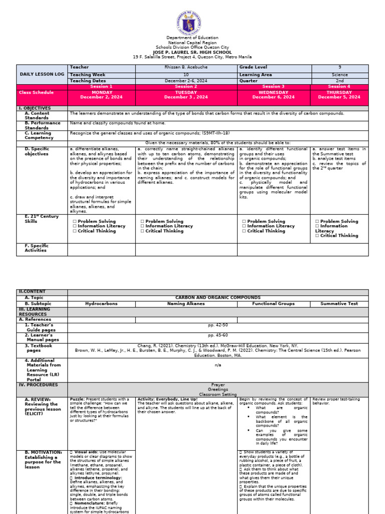 DLL - Grade 9 - 2nd Quarter - Week 10 | PDF | Alkene | Alkane