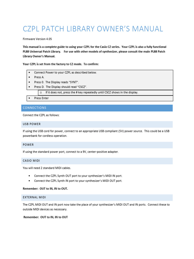 CZPL Patch Library Owners Manual FV 405 | PDF | Synthesizer | Computing
