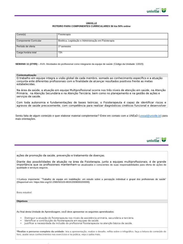 Roteiro Etica Legislacao Adm 27 05 | PDF | Fisioterapia