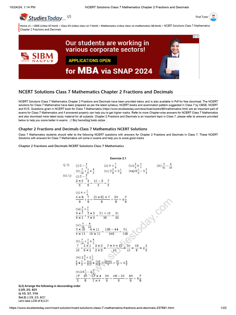 NCERT Solutions Class 7 Mathematics Chapter 2 Fractions and Decimals | PDF | Elementary ...