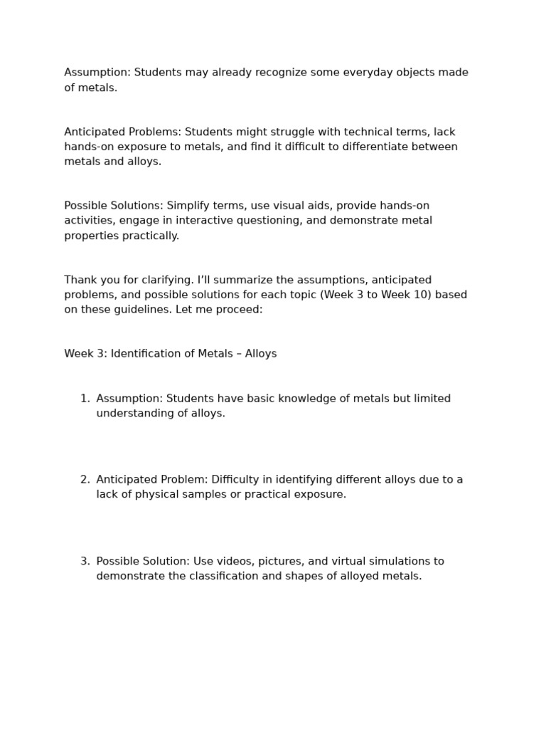 Assumption, Anticipated Problem and Possible Solution For Second Term ...