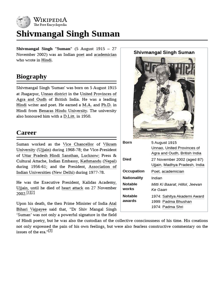 Shivmangal Singh Suman | PDF | Indian Literature