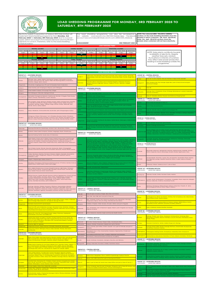 Loadshedding Programme for Monday 3rd February to Saturday 8th February 2025 | PDF | Demand ...