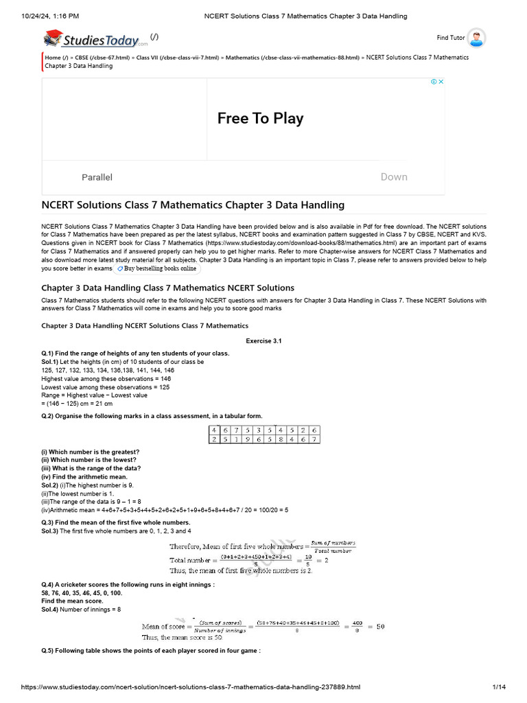 NCERT Solutions Class 7 Mathematics Chapter 3 Data Handling | PDF | Mode (Statistics) | Mean