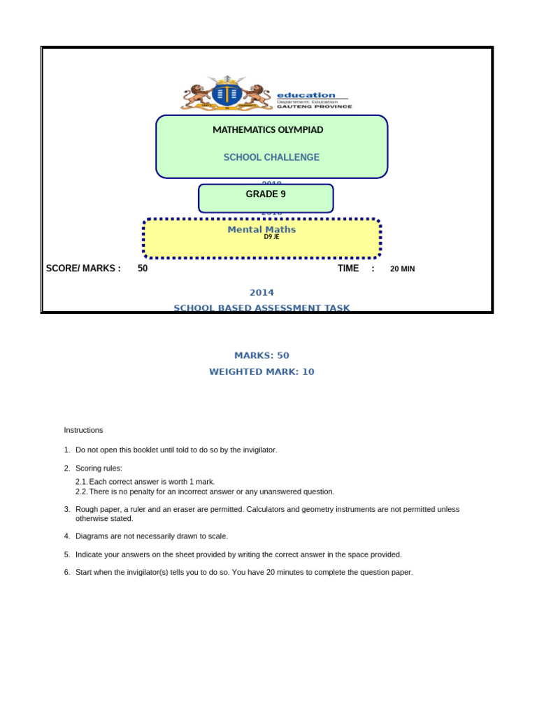 Grade 9 School Level Mental Maths (Question & Answer) | PDF | Mathematics