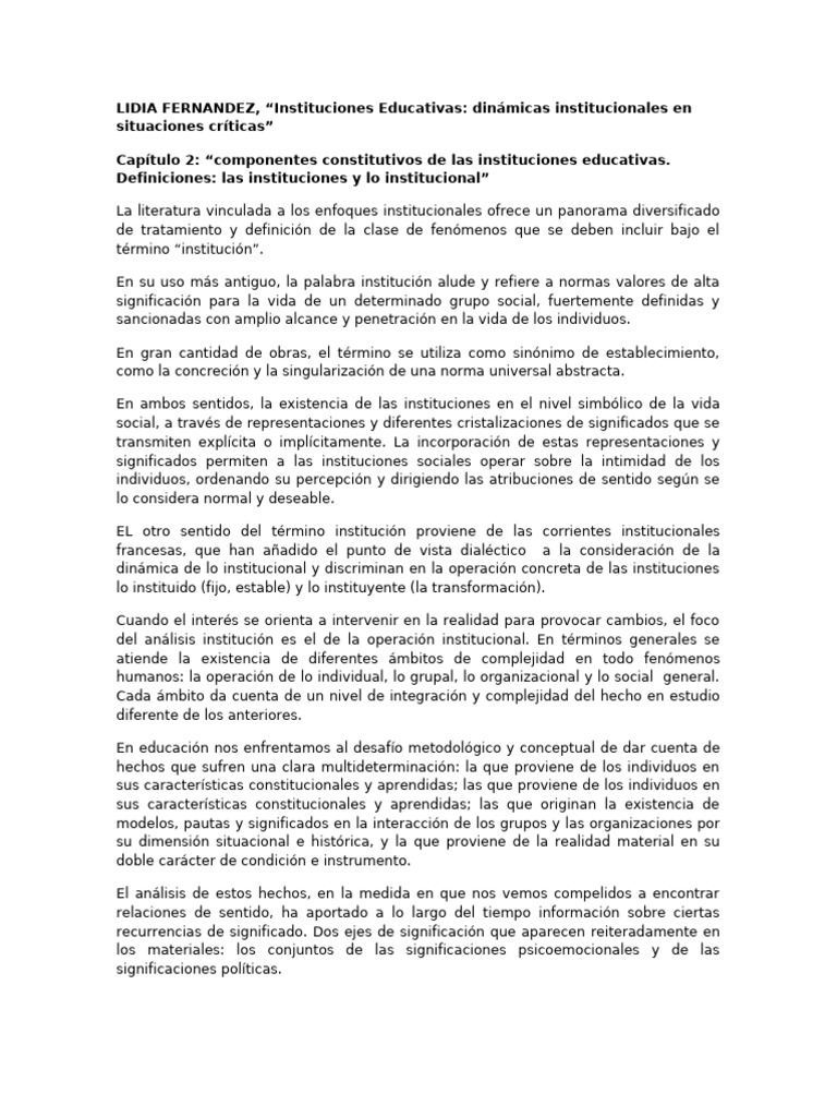 Resumen Lidia Fernandez | PDF | Institución | Conocimiento