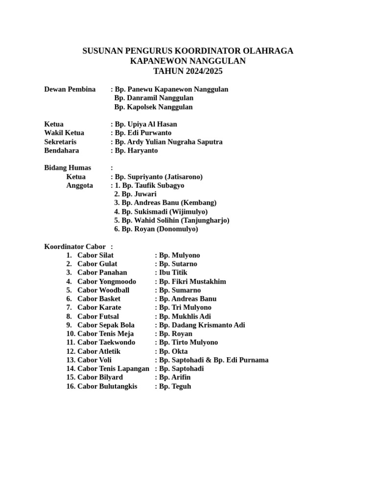 Susunan Pengurus Koordinator Olahraga | PDF