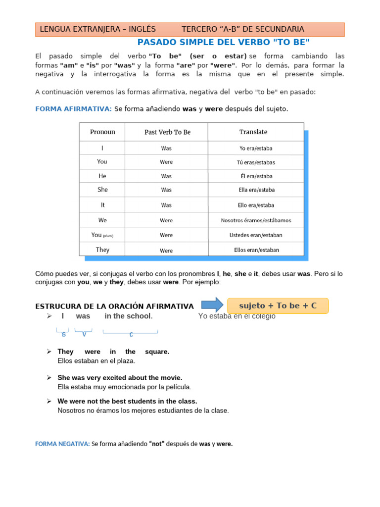 Verbo to Be Pasado Simple | PDF | Asunto (gramática) | Lingüística