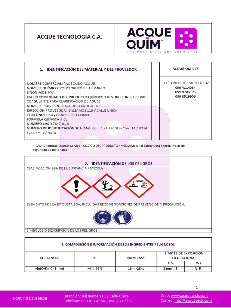 Ficha de Seguridad PAC Sólido Acque | PDF | Sal (química) | Química