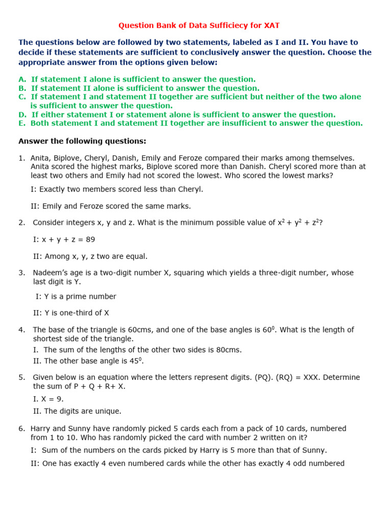 Question Bank of Data Sufficiecy For XAT | PDF | Triangle | Area