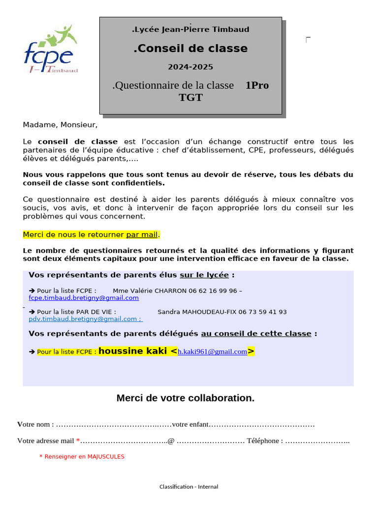 Questionnaire Parents Lycee 1 Pro TGT 2024 2025 | PDF