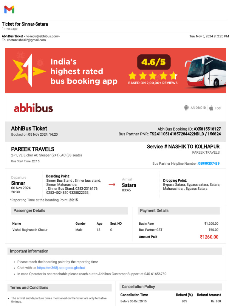 Sinnar to Satara Bus Ticket Details | PDF | Payments | Transport