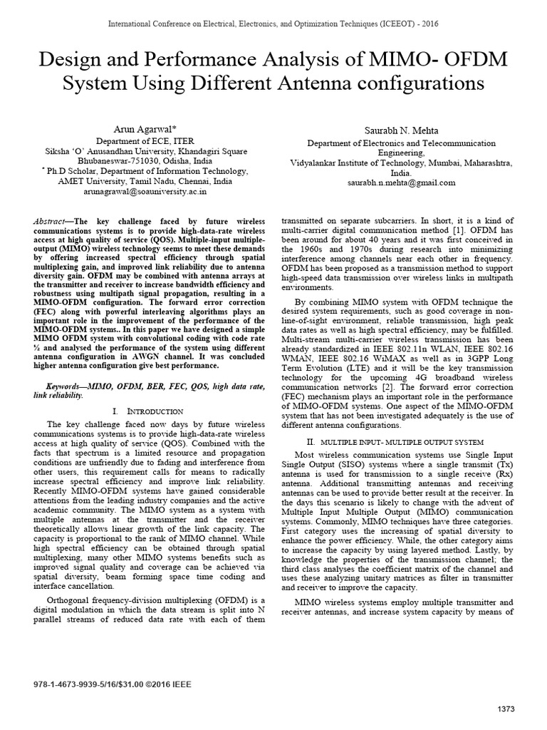 Design and Performance Analysis of MIMO- OFDM | PDF | Mimo | Orthogonal Frequency Division ...