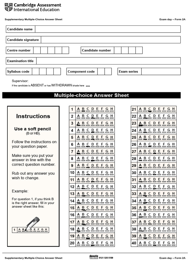 Supplementary Multiple Choice Answer Sheet Exam Day Form 2 | PDF ...