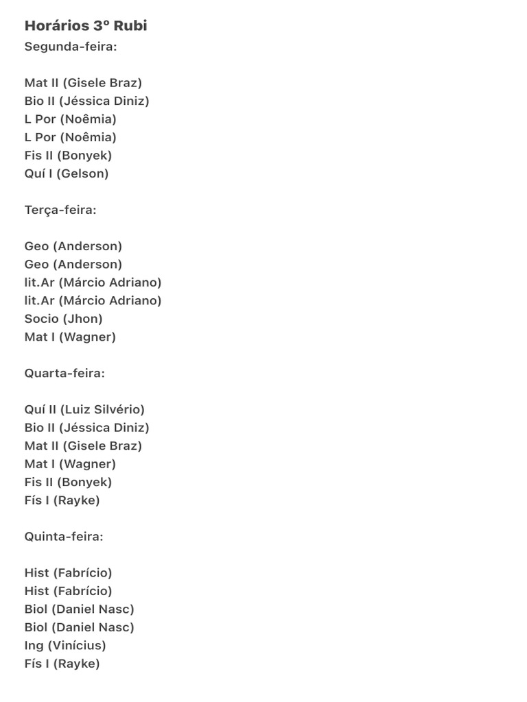 Horários 3º Rubi | PDF