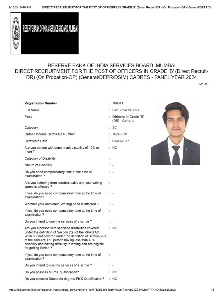 Rbi Direct Recruitment For The Post of Officers in Grade 'B' (Direct ...