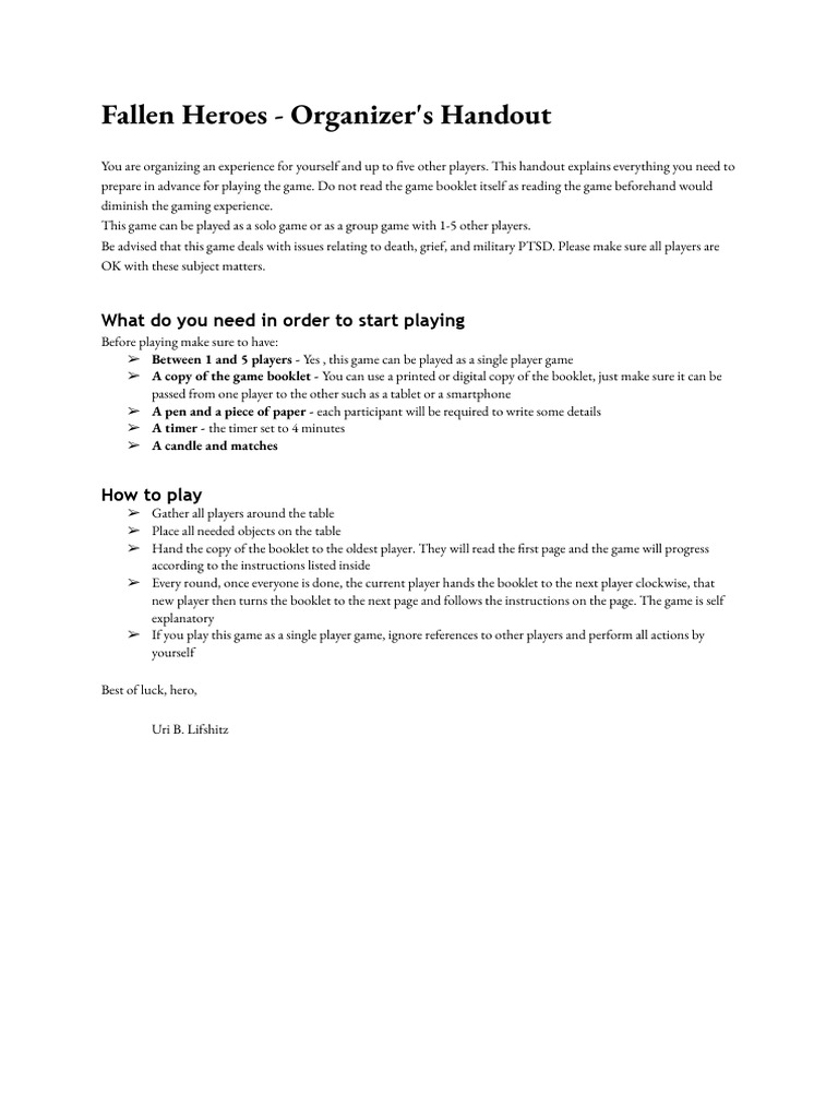 Fallen Heroes - Organizer's Handout (read first) | PDF