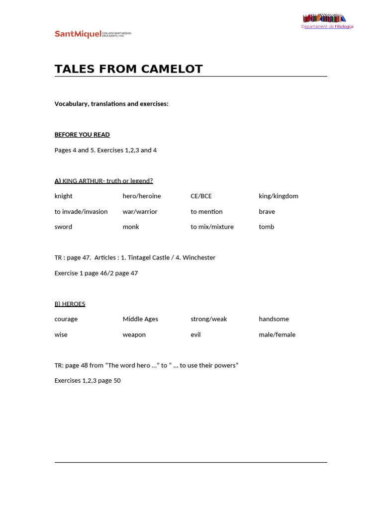 Tales From Camelot Exercises | PDF | Magician (Fantasy) | Literary Motifs