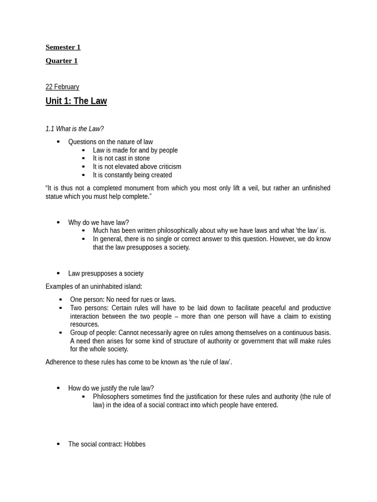 Unit 1: The Law: Semester 1 Quarter 1 | PDF | Apartheid | Common Law