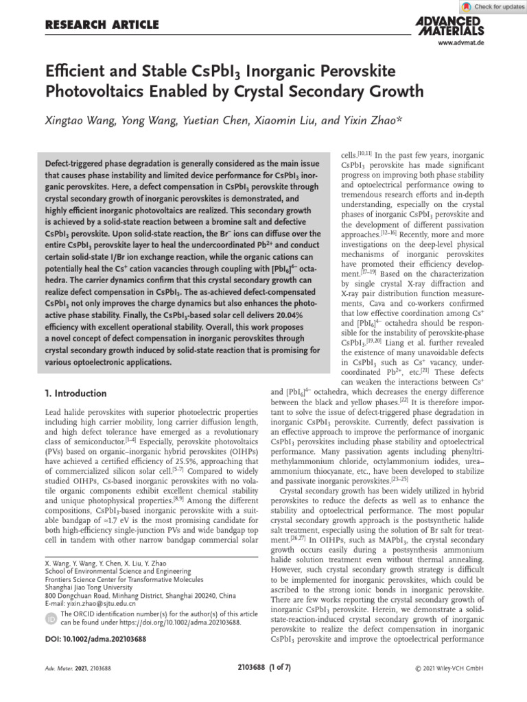 Efficient and Stable CsPbI3 Inorganic Perovskite Photovoltaics Enabled ...