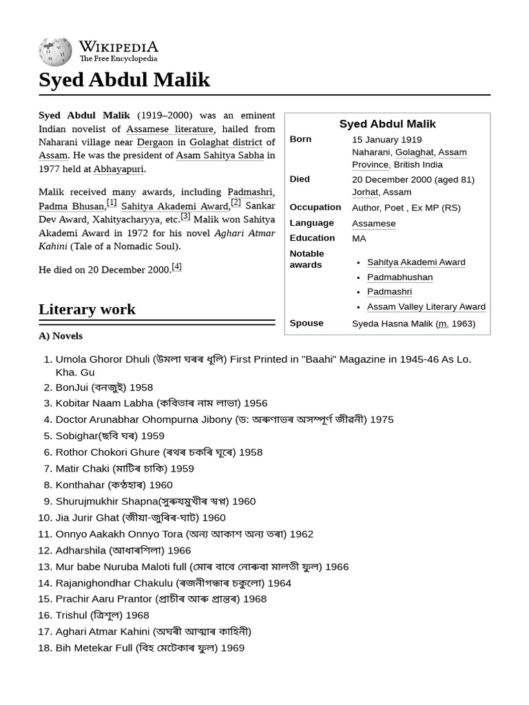 Syed Abdul Malik | PDF | Indian Literature