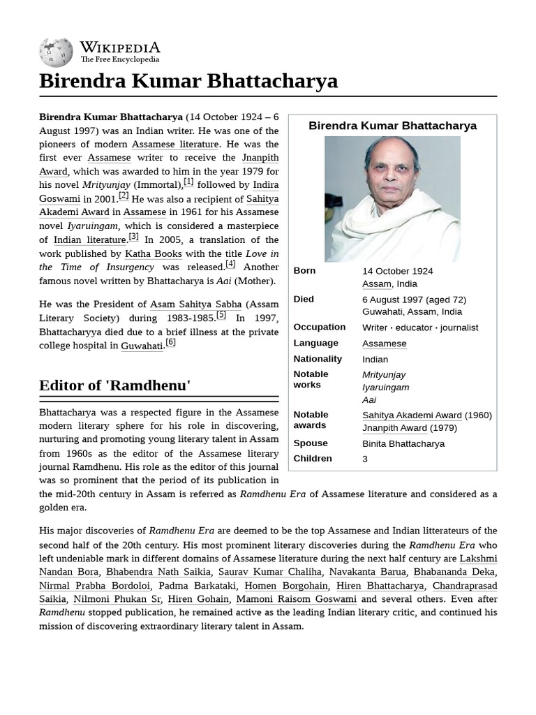 Birendra Kumar Bhattacharya: Legacy in Assamese Literature | PDF ...