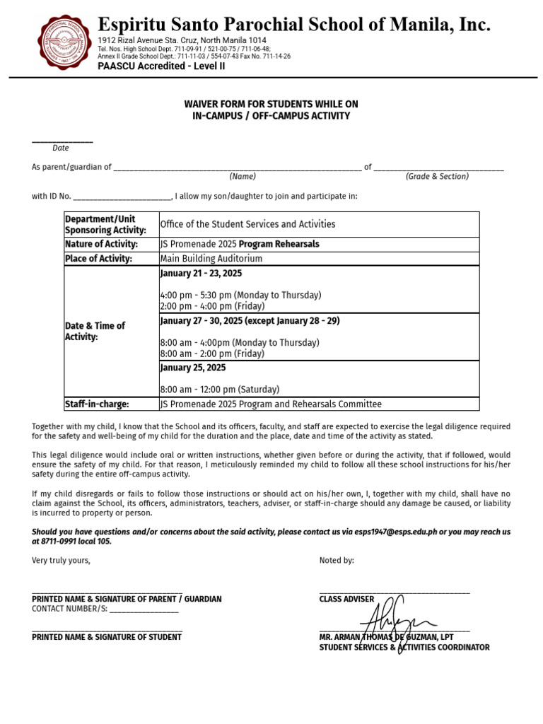 Program Rehearsals Student Waiver Form | PDF