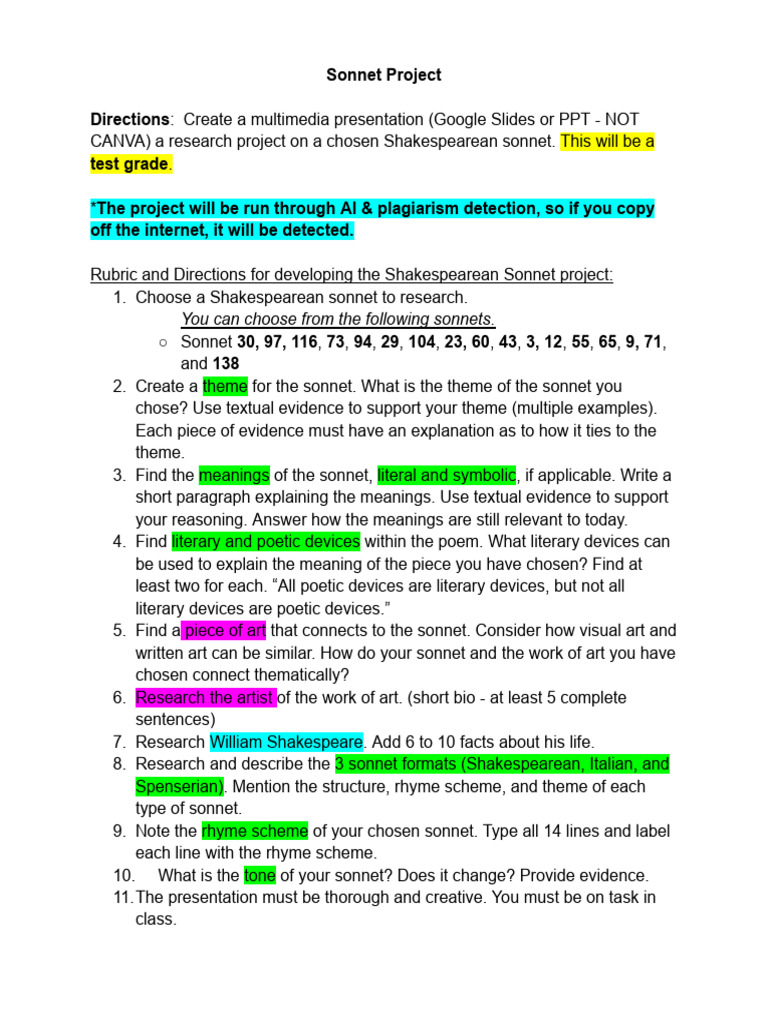 Sonnet Project Instructions and Rubric | PDF | Poetry | Sonnets