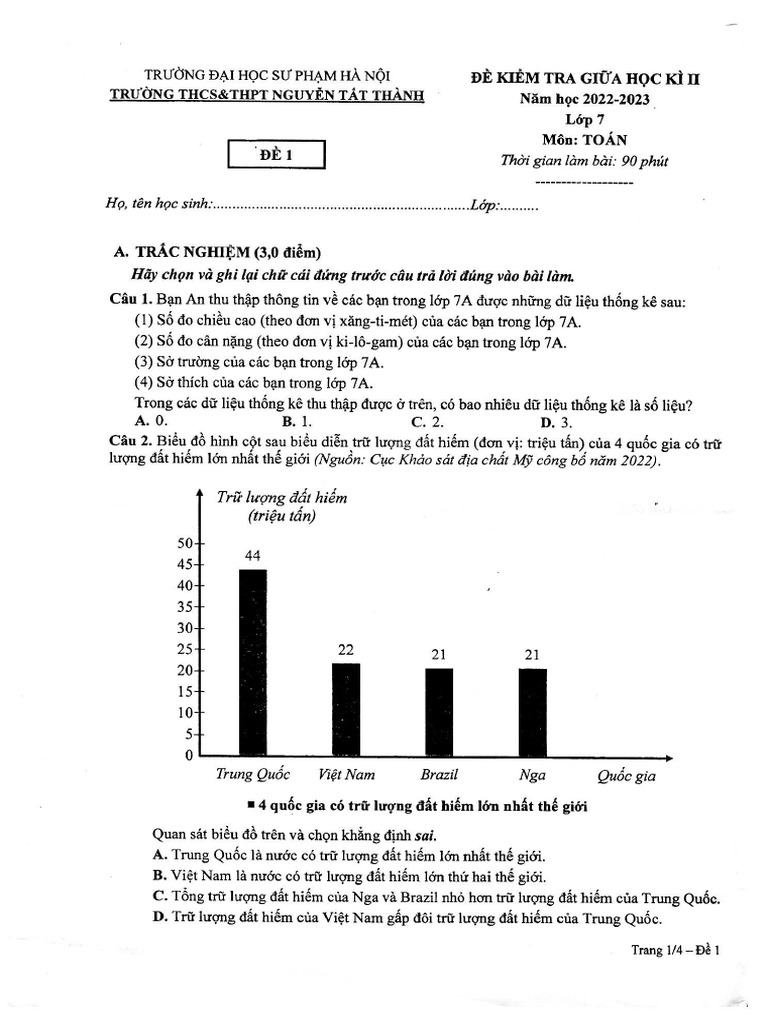 De Giua Ki 2 Toan 7 Nam 2022 2023 Truong Nguyen Tat Thanh Ha Noi | PDF