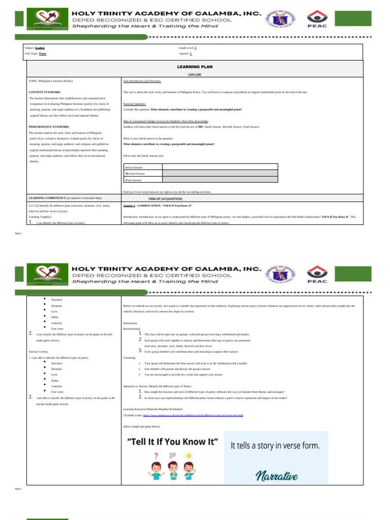 English 7 Learning Plan-Q2_Phil. Prose | PDF | Poetry | Expert