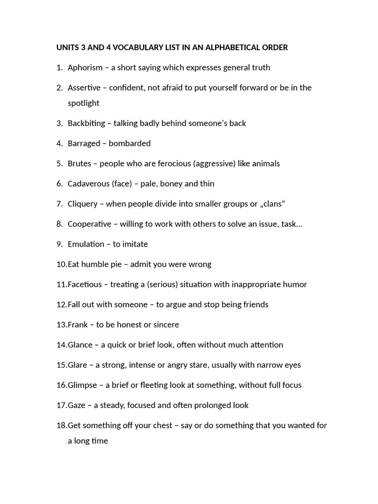 Units 3 and 4 Vocabulary List in An Alphabetical Order | PDF