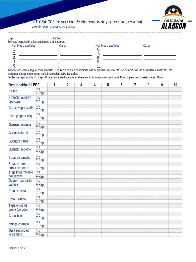 FT-CBA-005 Inspección de Elementos de Proteccion Personal | PDF