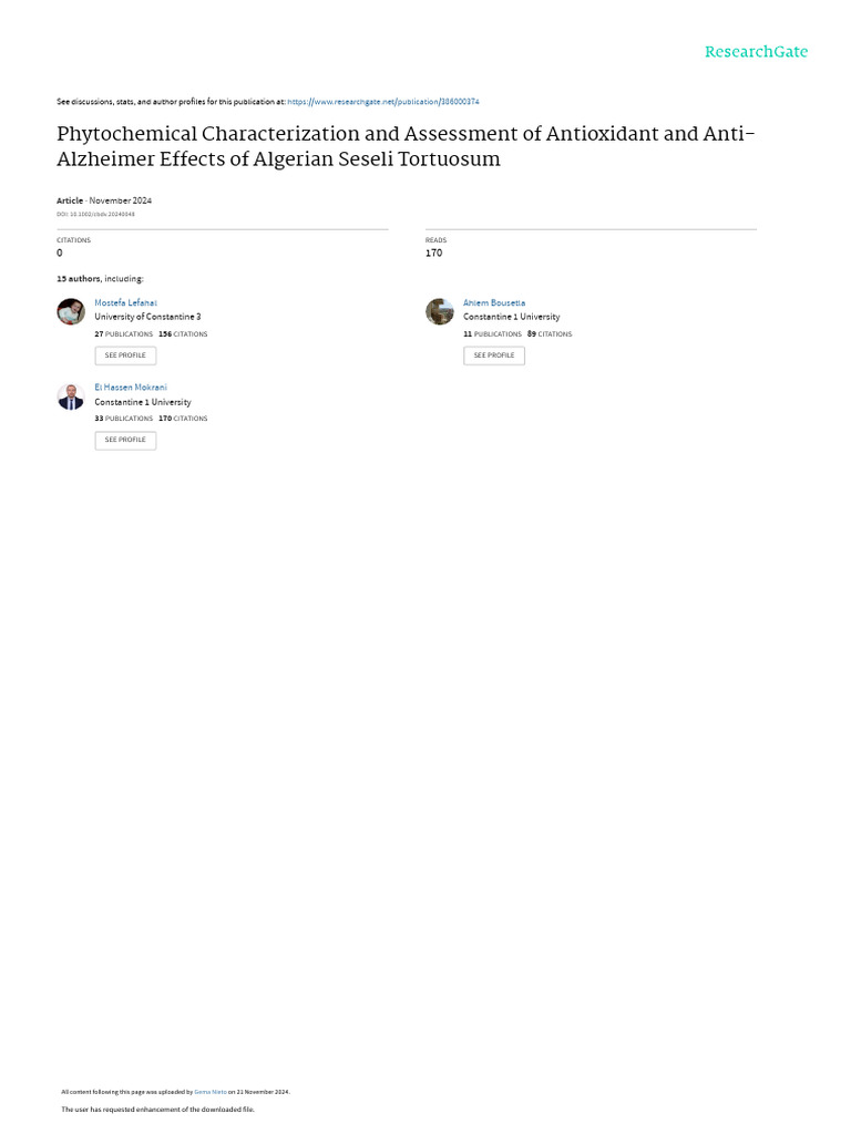 Phytochemical Characterization and Assessment of Antioxidant and Anti-Alzheimer Effects of ...
