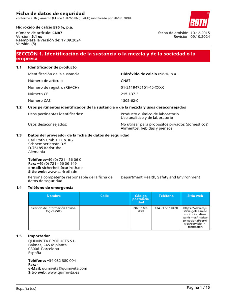 Ficha de Seguridad: Hidróxido de Calcio | PDF | Toxicidad | Agua