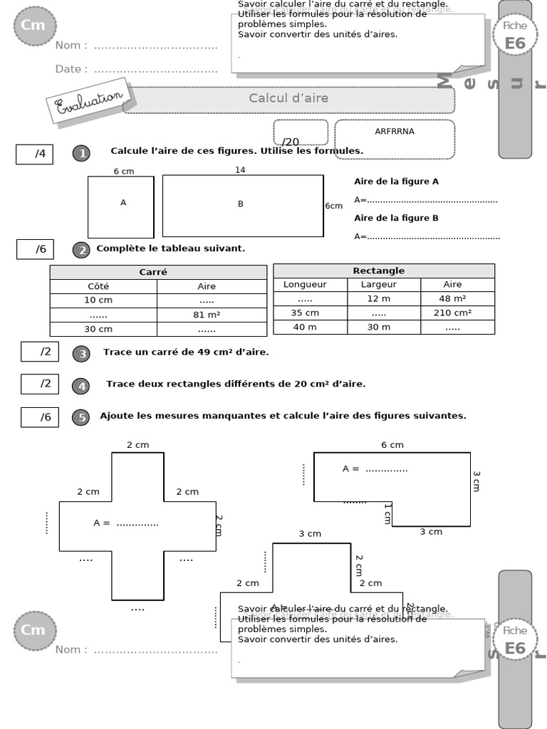 Évaluation CM1 : Aire et Périmètre | PDF | Objets géométriques ...