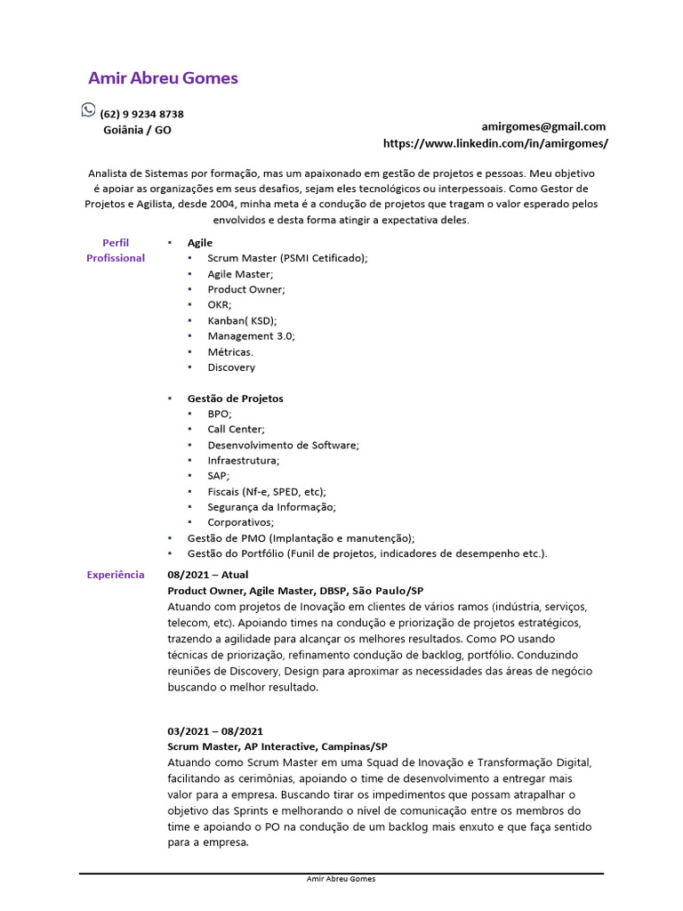 CV Amir Abreu Gomes 2024 | PDF | Desenvolvimento ágil de software | Gestão de recursos humanos