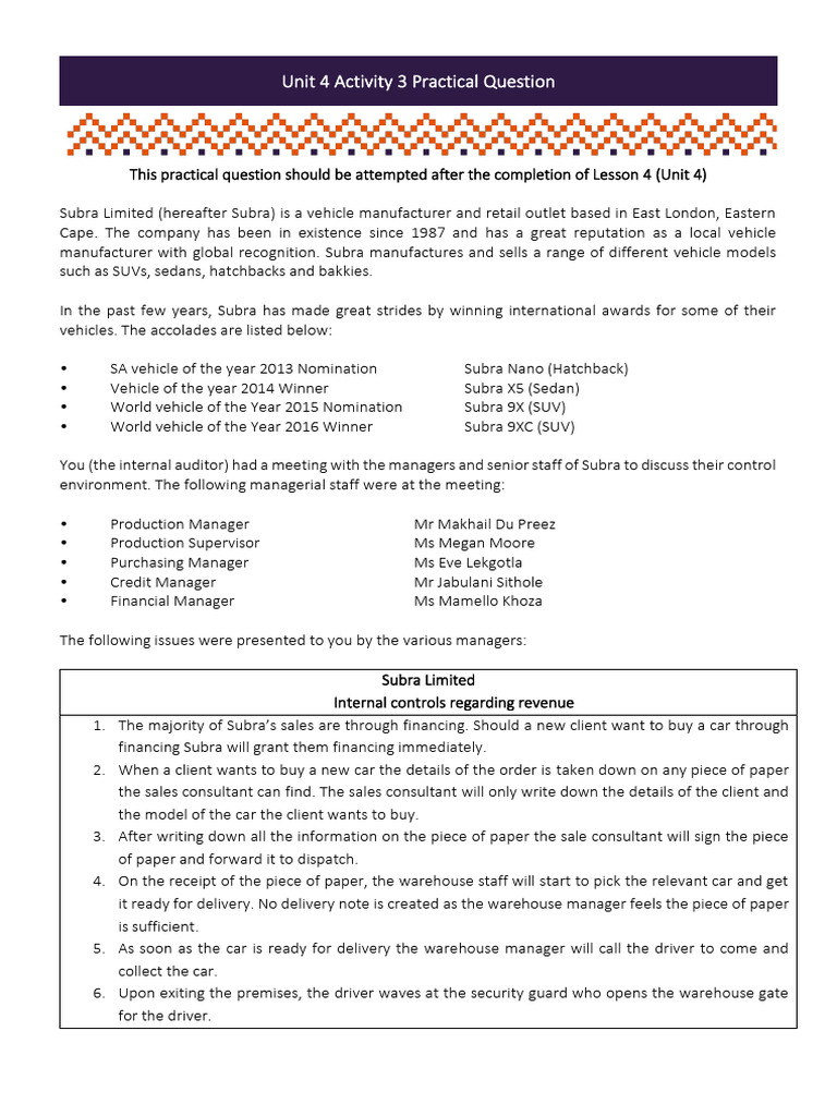 Unit 4 Activity 3 Practical Question | PDF | Vehicles | Motor Vehicle