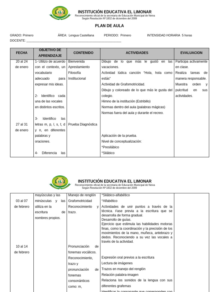 PLAN AULA CASTELLANO - Ier PERIODO 2025 | PDF | Fonema | Escritura